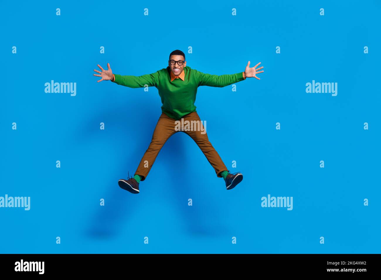 Full body size photo of youngster excited active student guy working ...