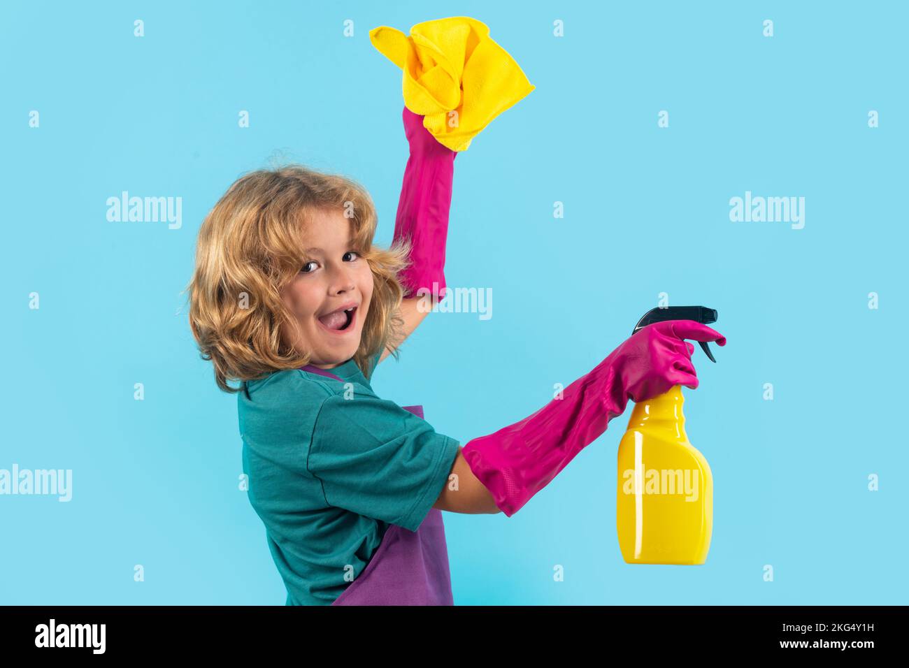 Cleaning house. Studio isolated portrait of child mopping house ...