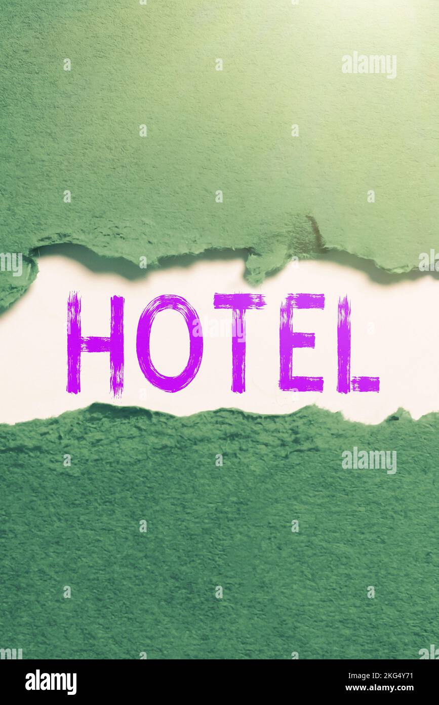 Conceptual caption Hotel. Word Written on establishment providing ...