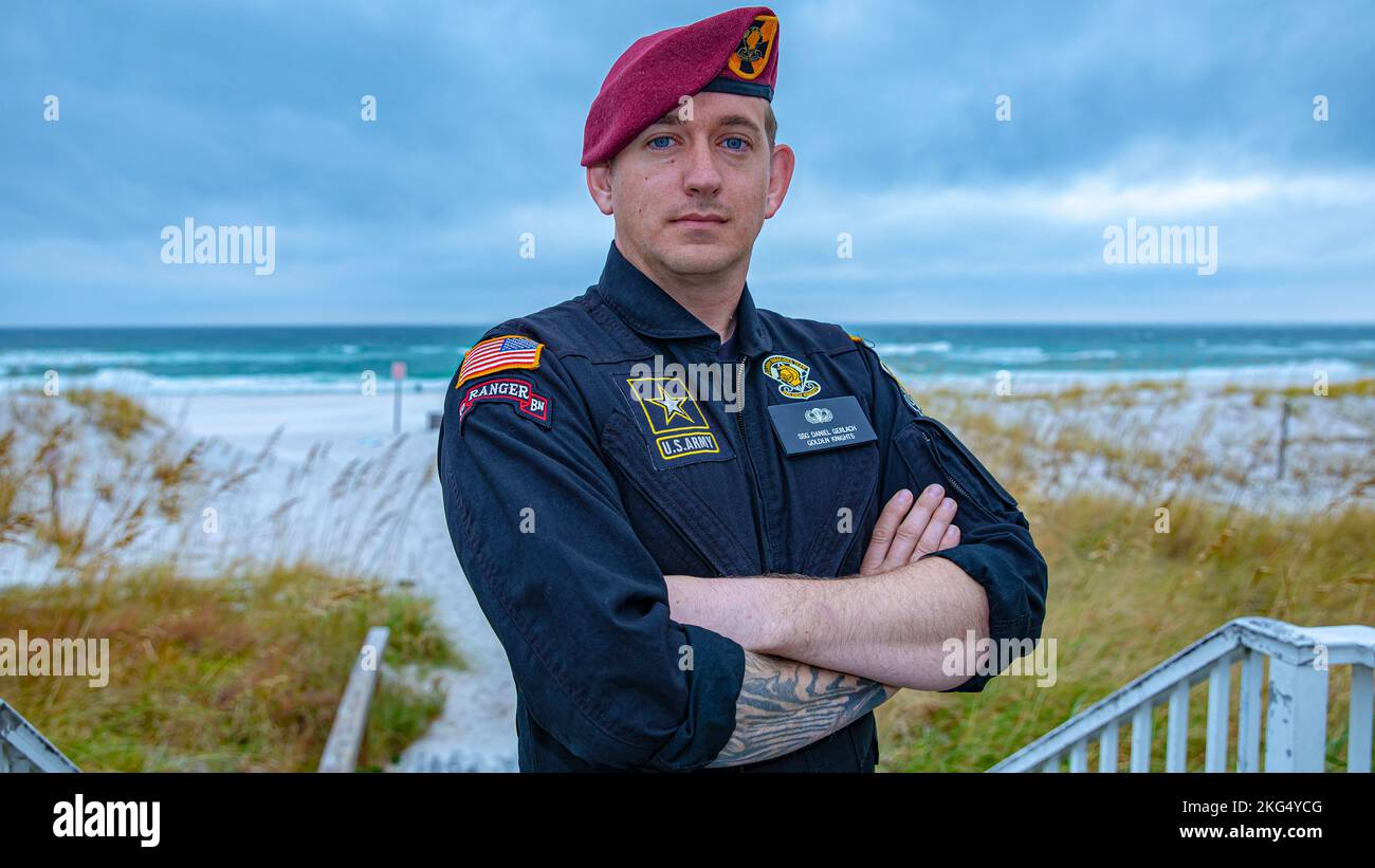 U.S. Army Staff Sgt. Daniel Gerlach poses in front of a beach in ...