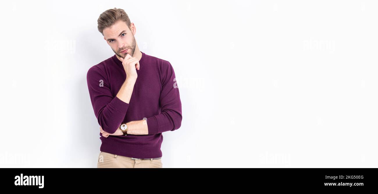 Fashion model pose in casual mens wear touching unshaven beard isolated ...