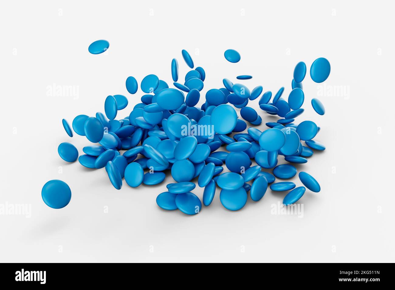 A 3D rendering of blue coated chocolate candy gems floating on an empty ...