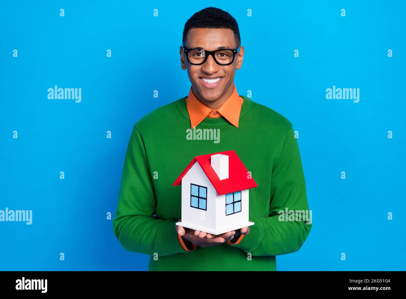 Photo of successful agent real estate man smiling hold selling new ...