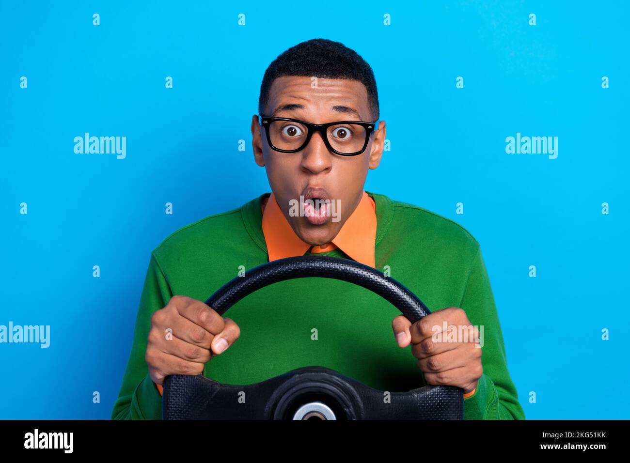 Closeup photo of young shocked student guy unexpected car crash ...