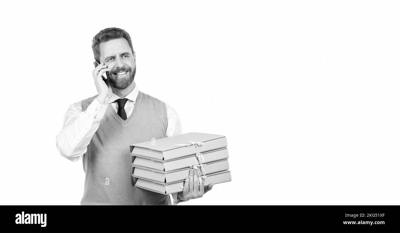 communication. happy businessman hold folder heap. safety business ...