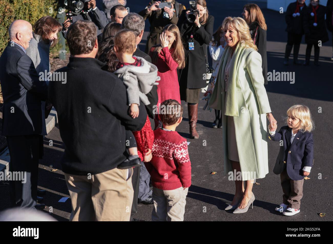 First Lady Jill Biden speaks to attendees during the arrival of the ...