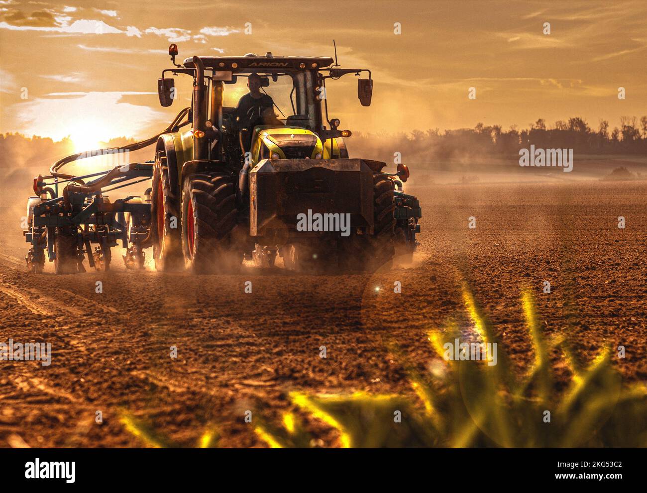 Tractor harvesting in the sunset Stock Photo - Alamy