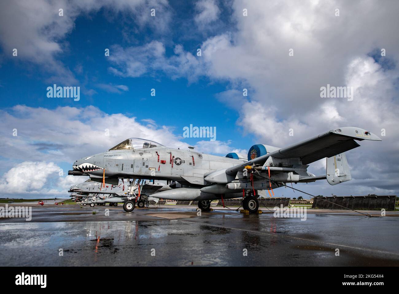 A row of A-10C Thunderbolt II aircraft sit on the flightline at ...