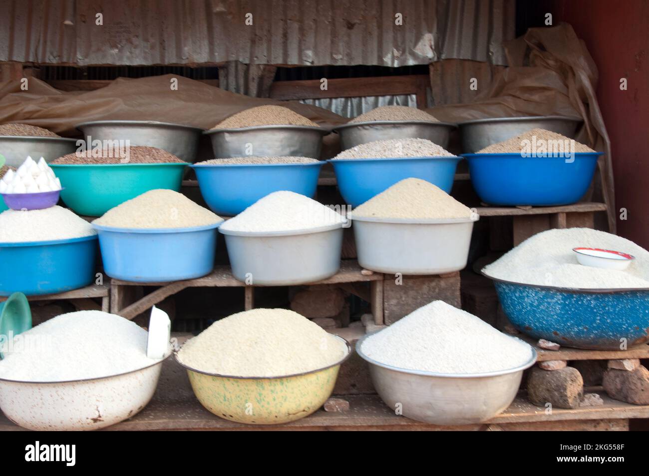 Grain (flour and pulses) stall, roadside market, Azove, Couffo, Benin ...