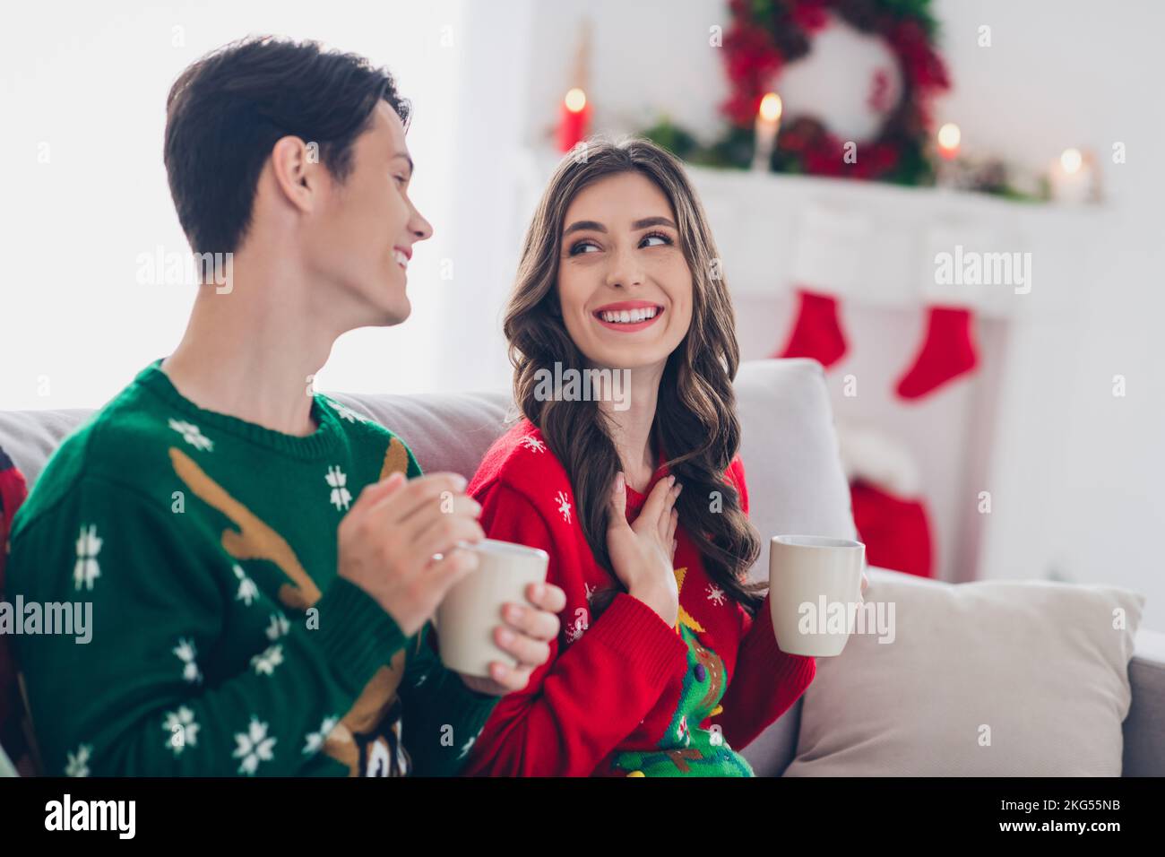 Photo of cheerful positive partners morning pause drinking delicious ...