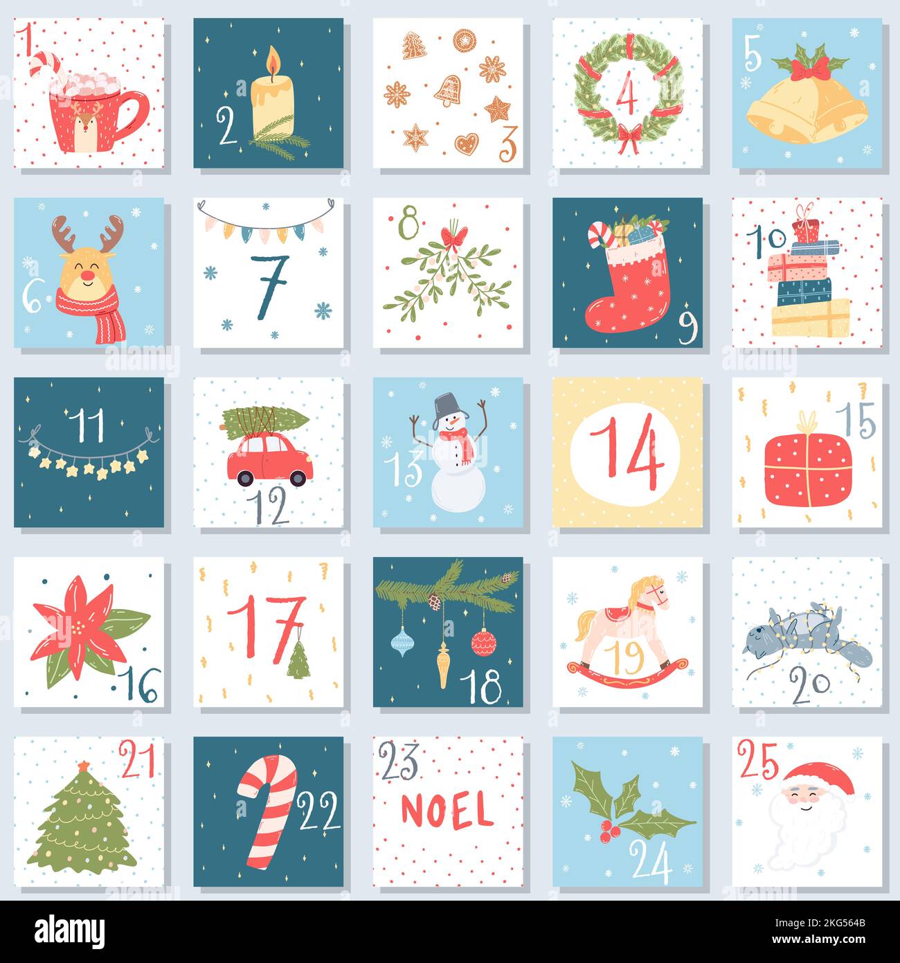 Christmas advent calendar in cartoon flat style. Hand drawn vector ...