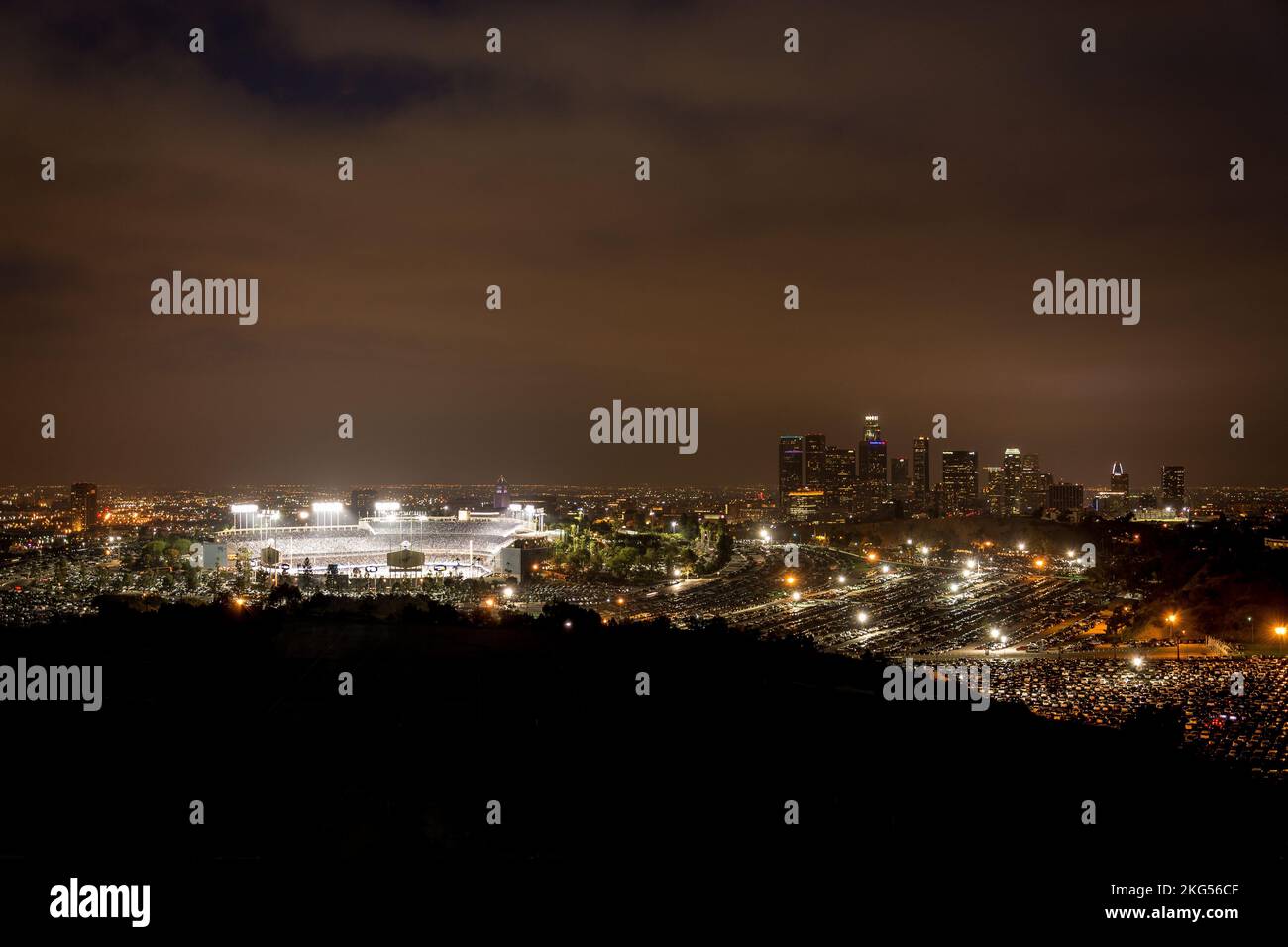 A night shot of the Dodger Stadium in Los Angeles with decorative ...