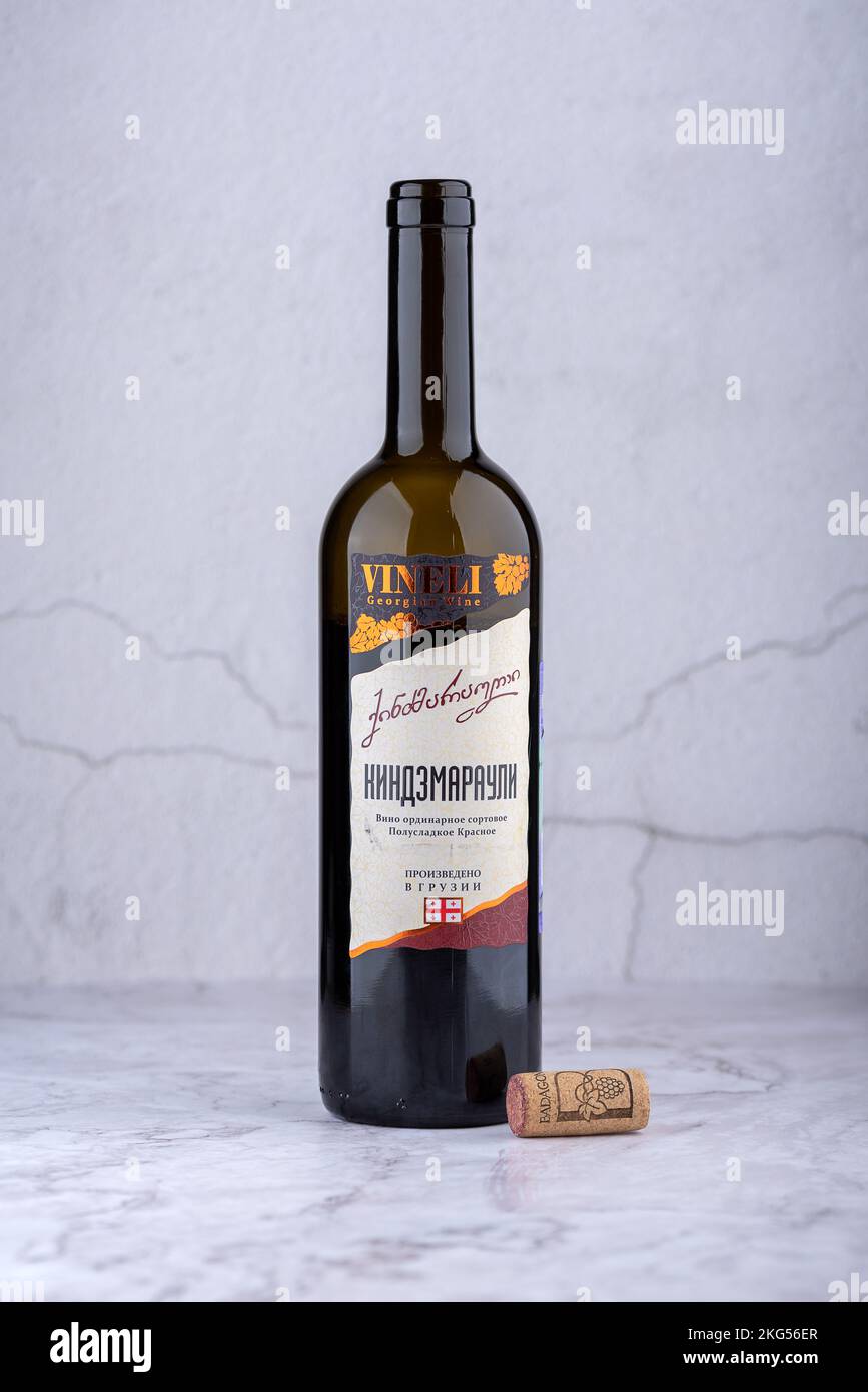 Moscow, Russia: November 21, 2022: A bottle of semi-sweet Georgian red ...