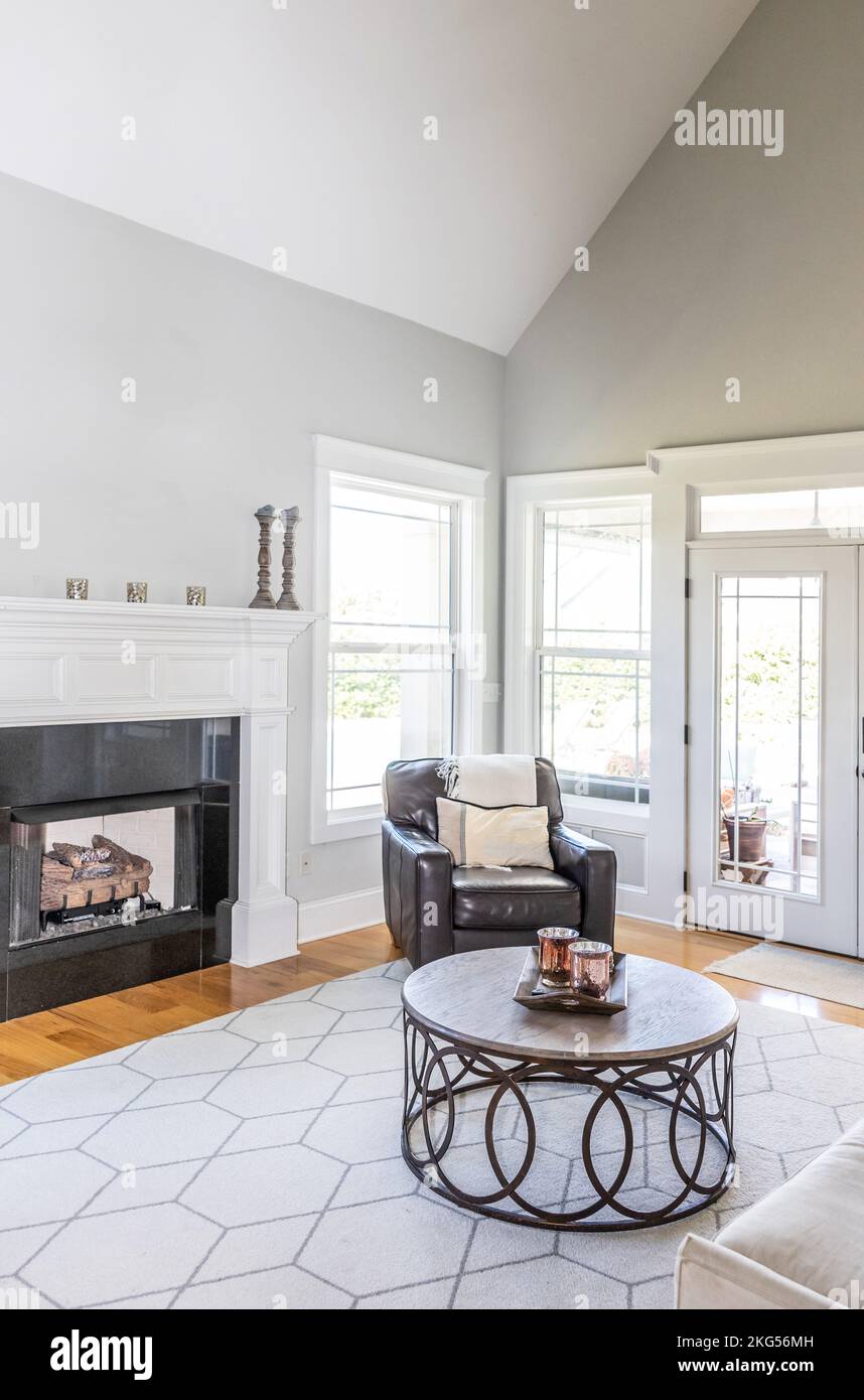 A light and bright open concept living room den with vaulted ceilings ...