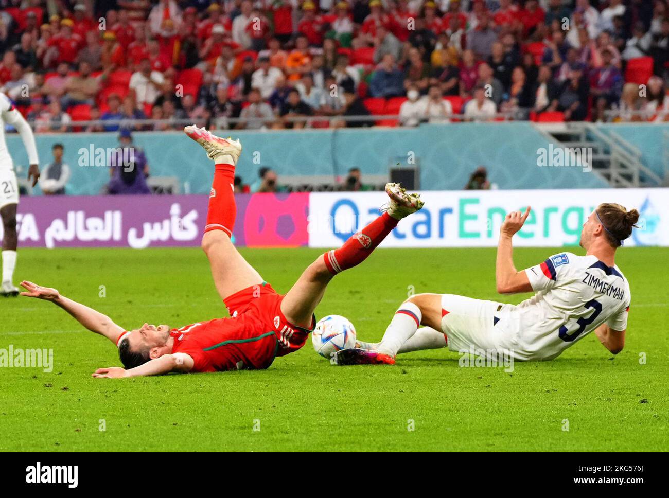 USA's Walker Zimmerman (right) fouls Wales' Gareth Bale leading to a ...