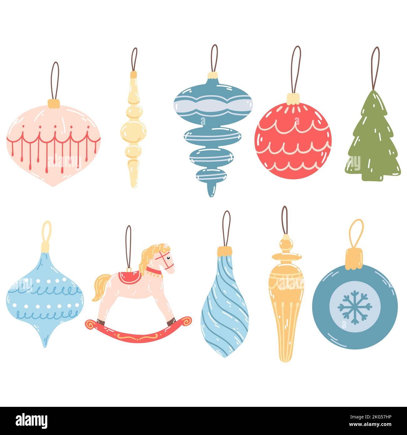 Christmas tree ornaments in cartoon flat style. Hand drawn vector ...