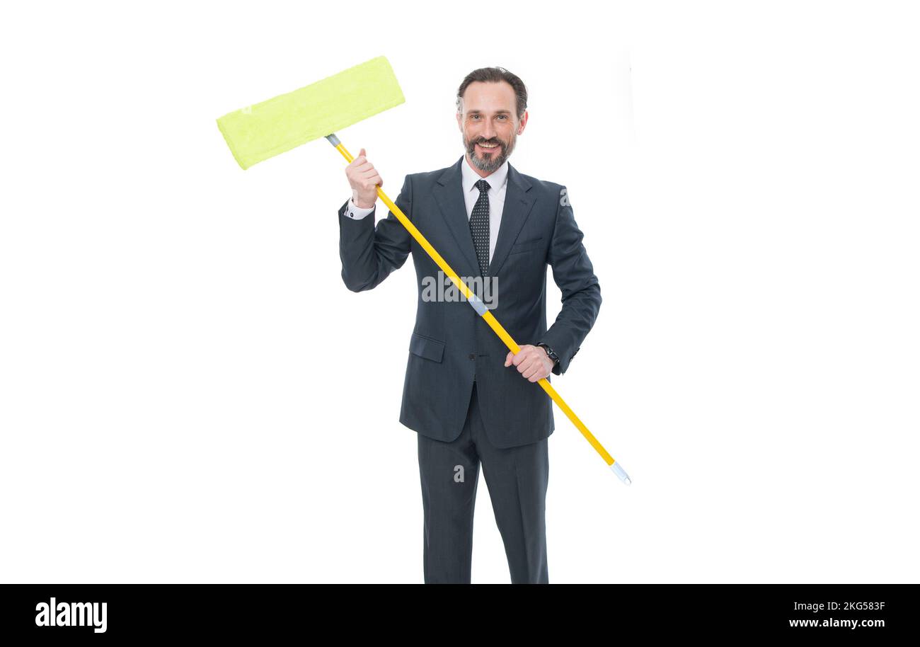 happy jobless business man auditor with mop. jobless business man ...