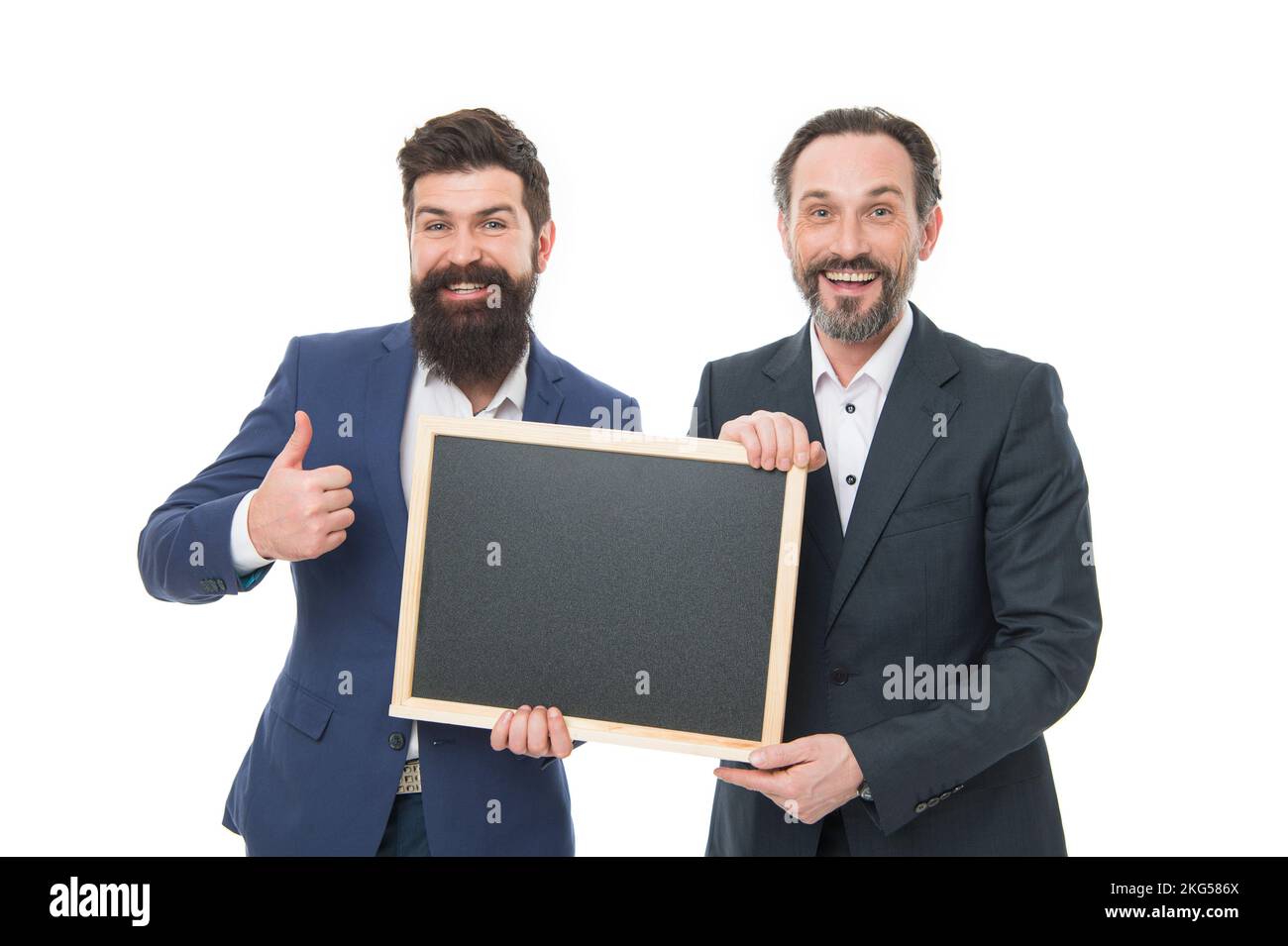 Promote product and service. Happy men recommend product isolated on ...