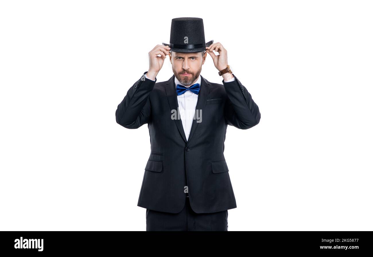 man presenter isolated on white background. presenter man with cylinder ...