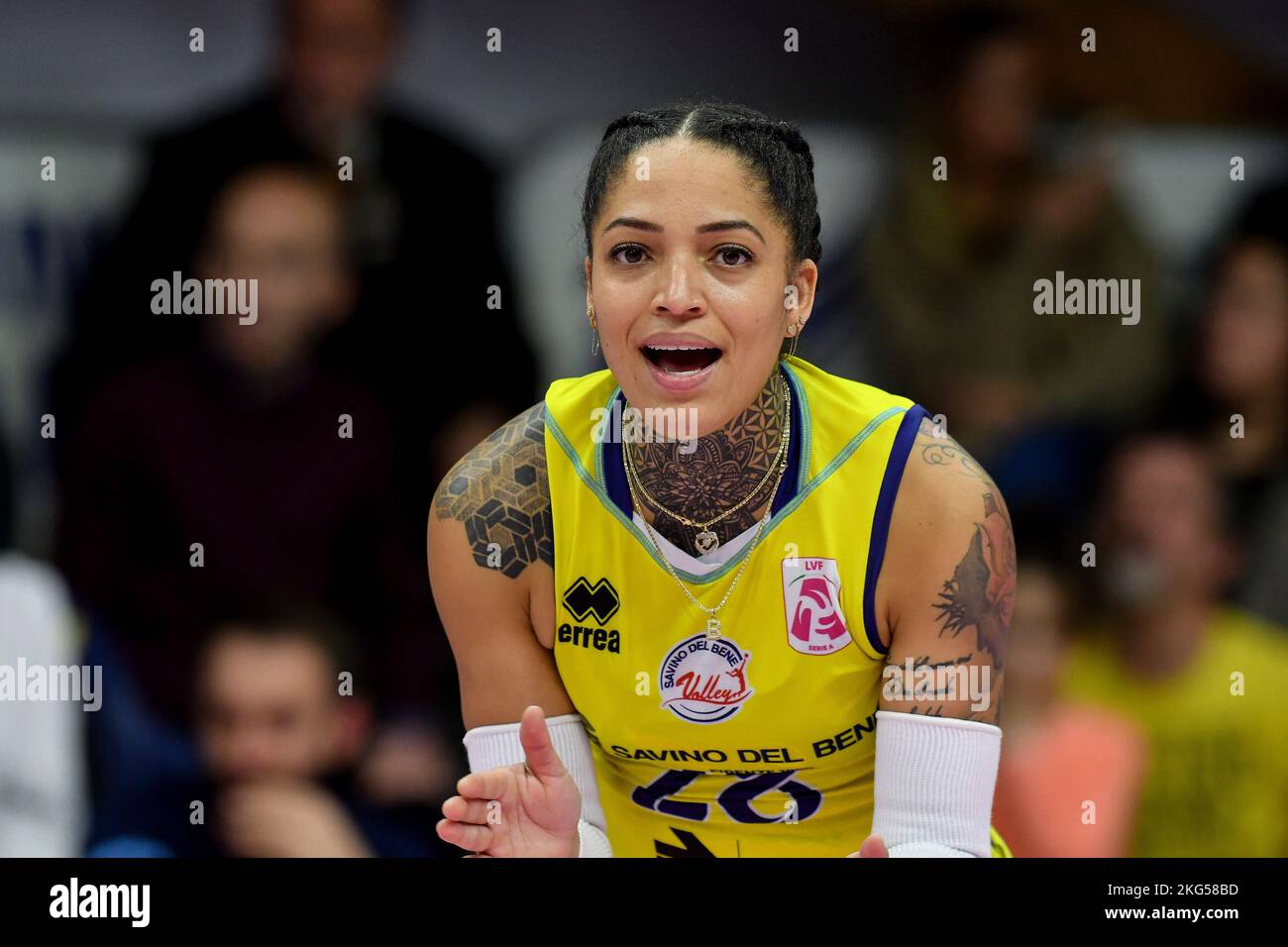 Brenda Castillo #28 of Savino del Bene Scandicci reacts during Volley ...