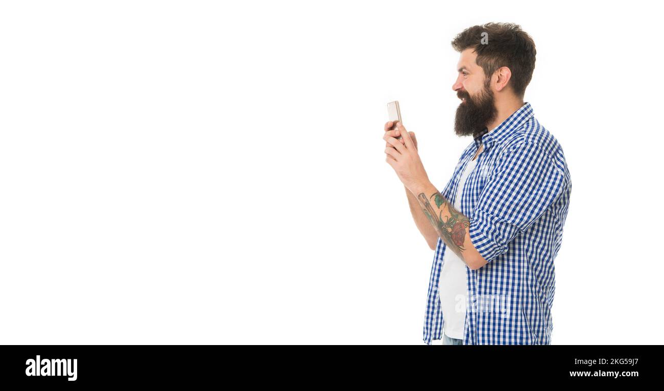 smiling man blogger with phone isolated on white background. blogger ...