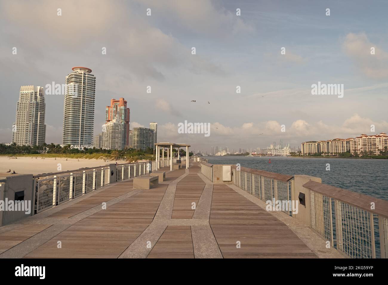 Miami beach boardwalk along Government Cut water channel at South ...