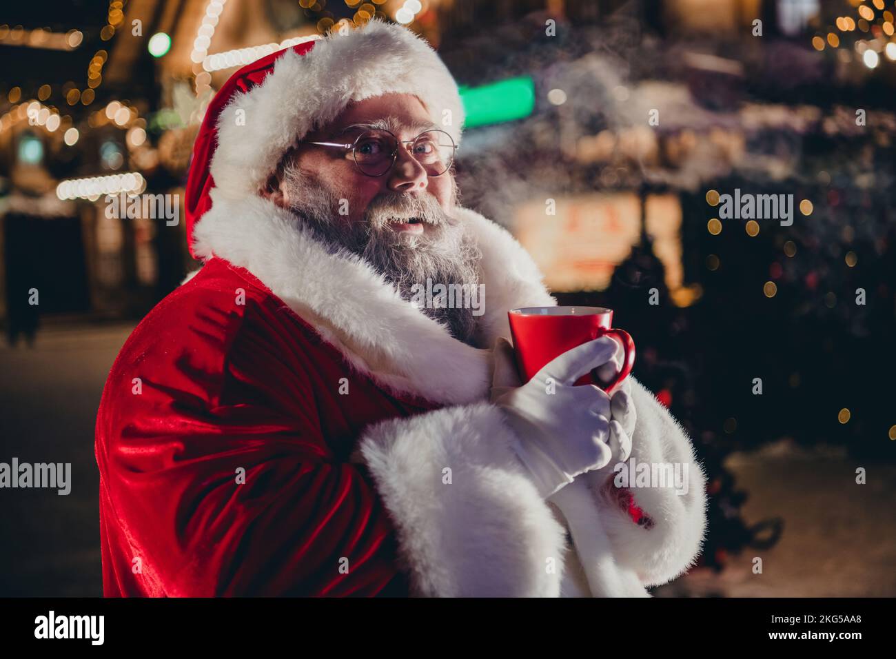 Photo of jolly positive person drinking delicious aroma cacao walking ...