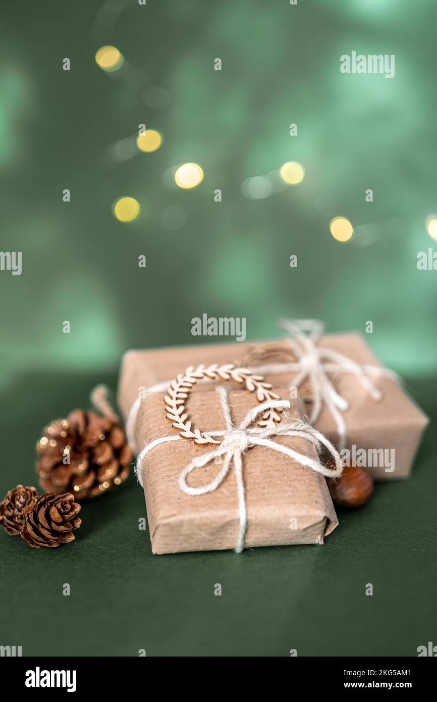 Christmas and zero waste, eco friendly packaging. wrapped gifts in ...