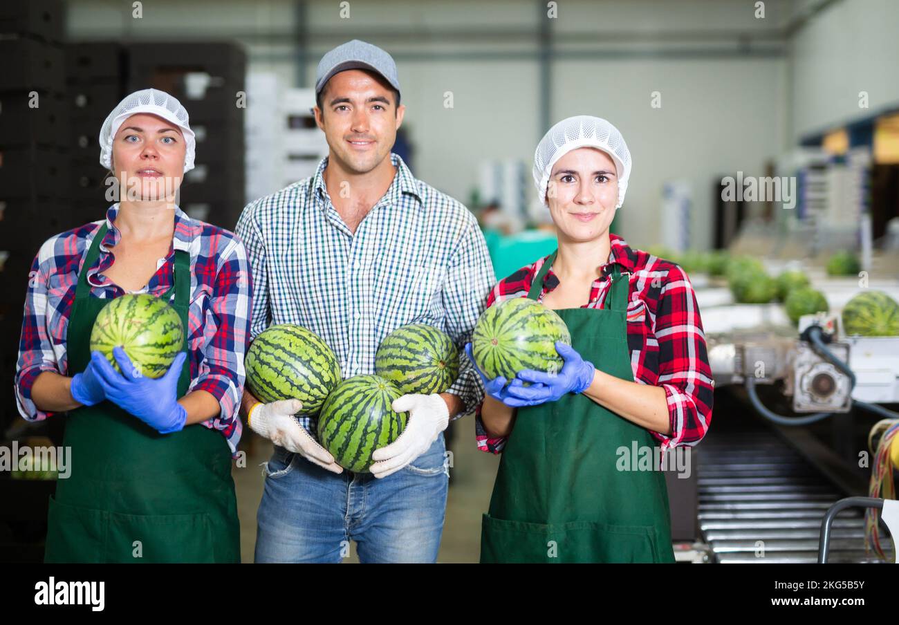 Group of smiling workers standing with watermelons in hands in sorting ...