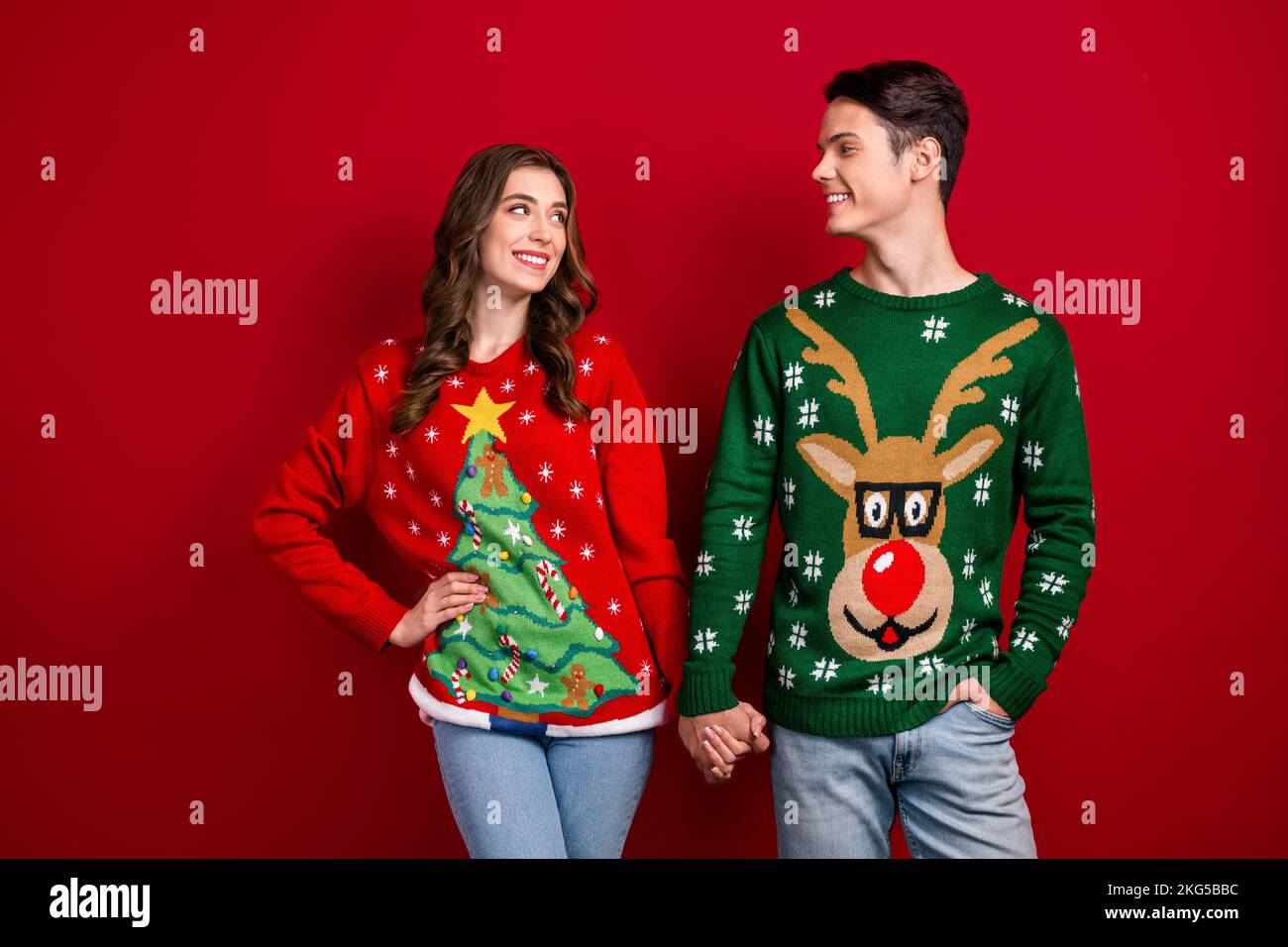 Photo of lovely sweet couple husband wife hands hold look each other enjoy romance magic date ...