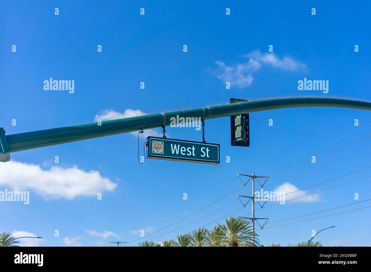 Anaheim, CA, USA – November 1, 2022: A hanging sign for West Street in ...