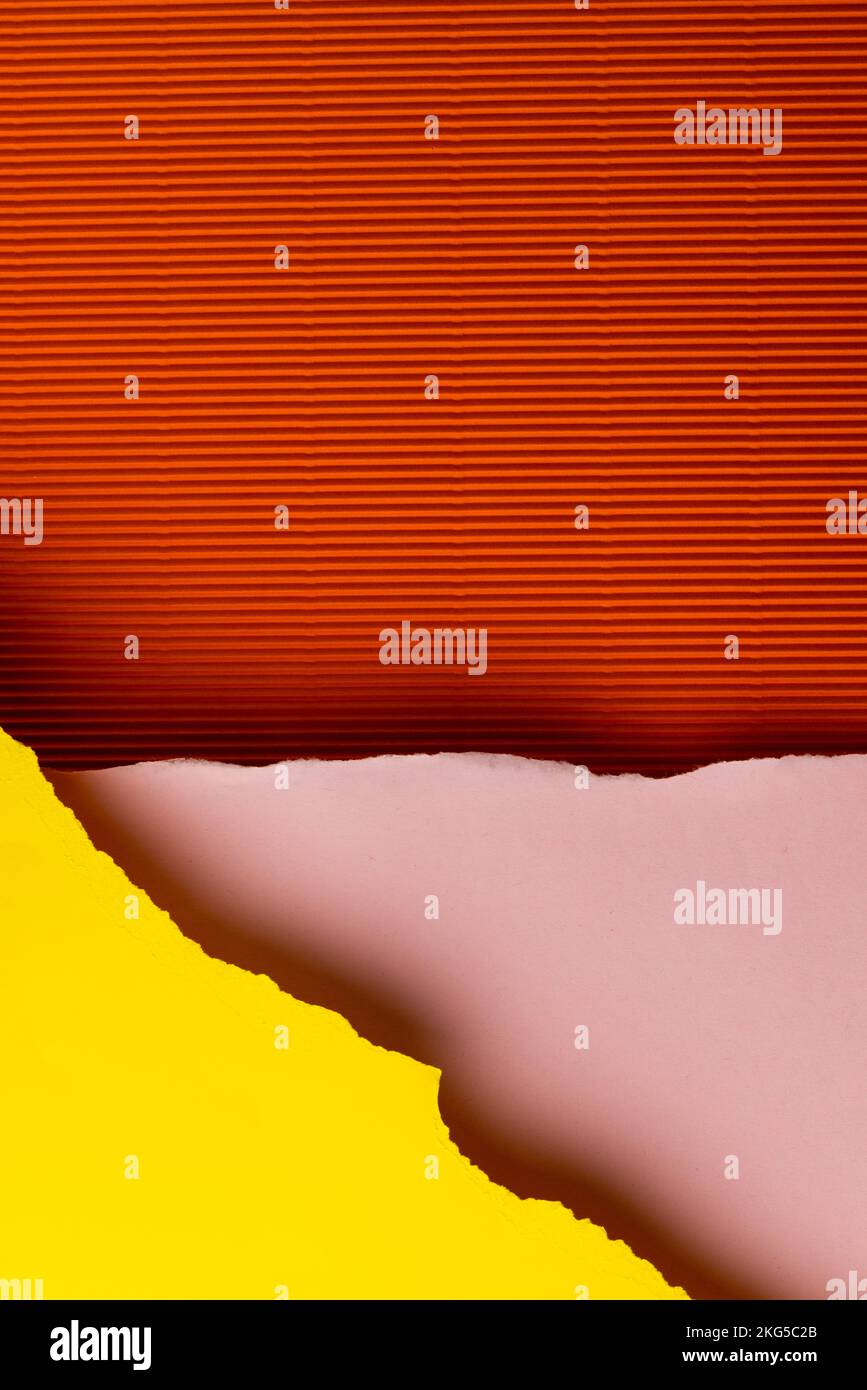 Ripped up pieces of coloured paper with copy space on cardboard ...