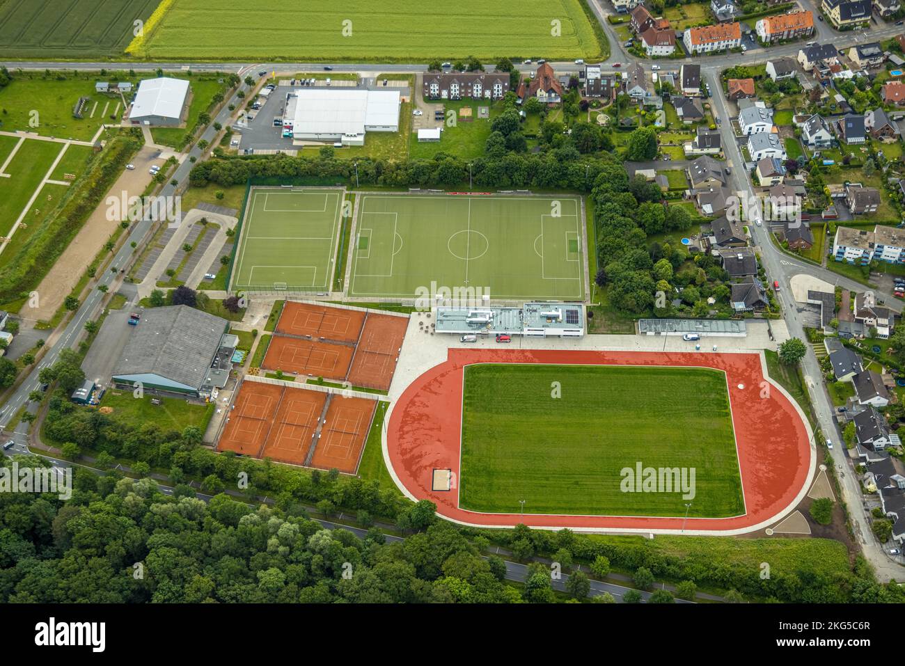 Aerial view, construction site new sports field at the sports facility ...