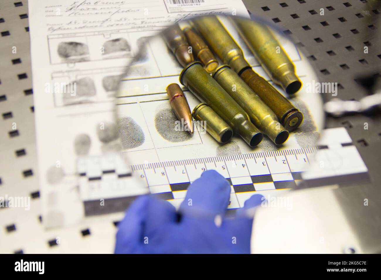 Bullets, cartridge cases, fingerprint, forensic ruler, expert's hand ...