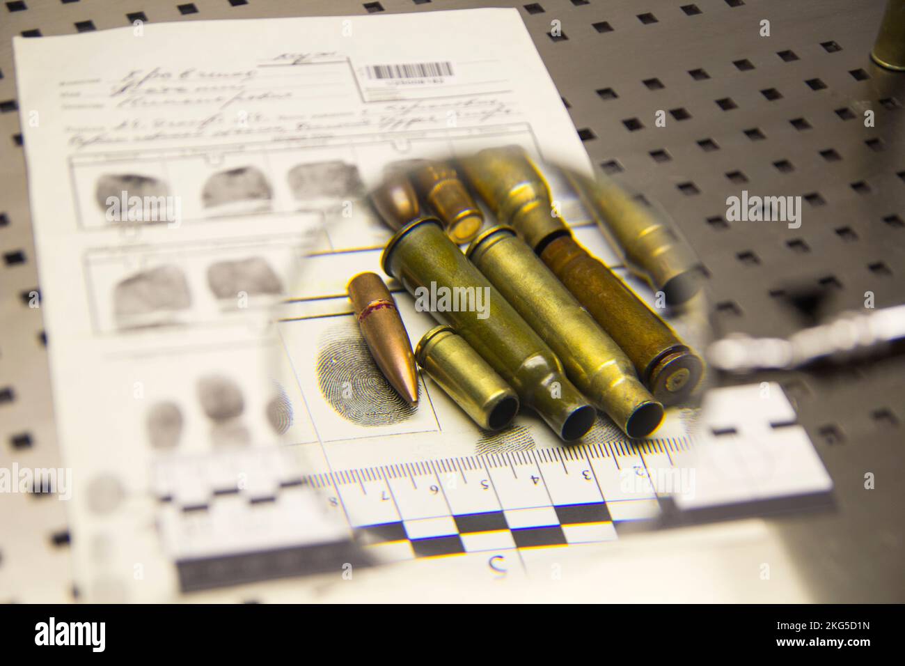 Bullets, cartridge cases, cartridges lie on a fingerprint card under a ...