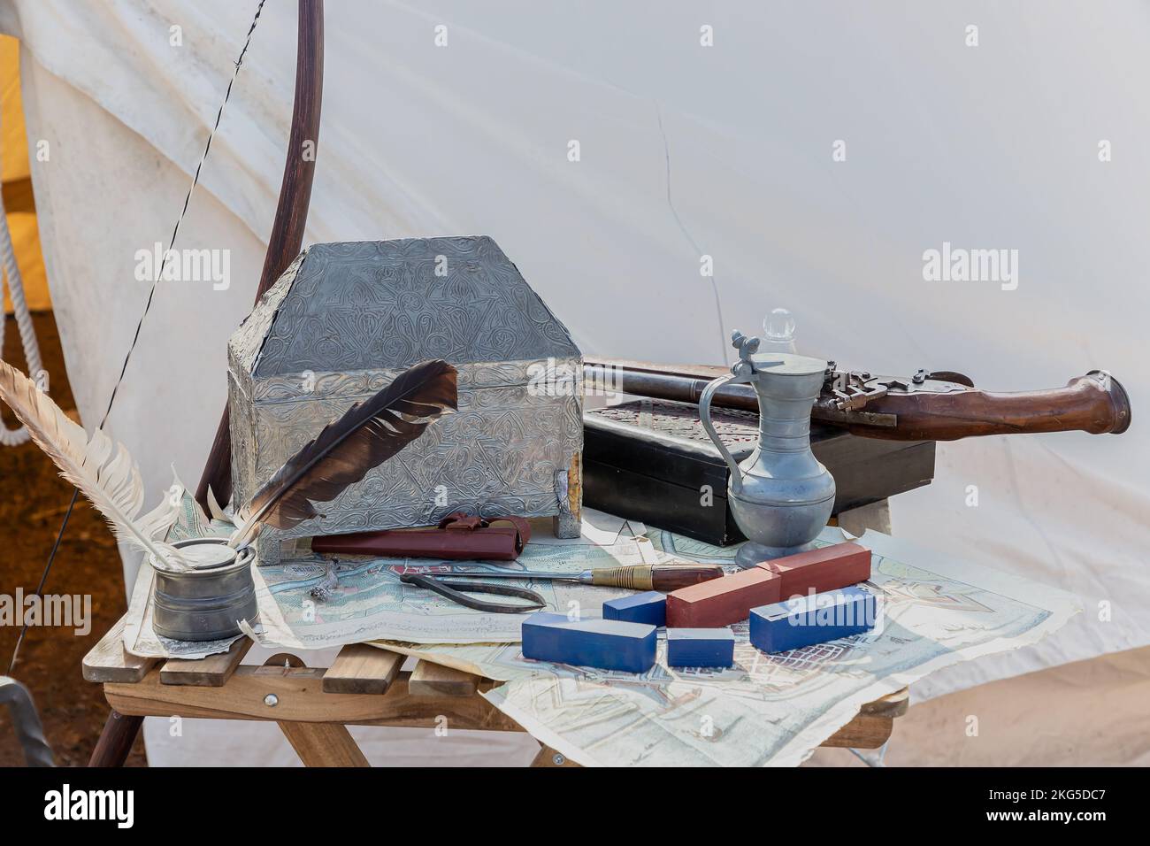 close up in horizontal view of a still life with different old objects ...