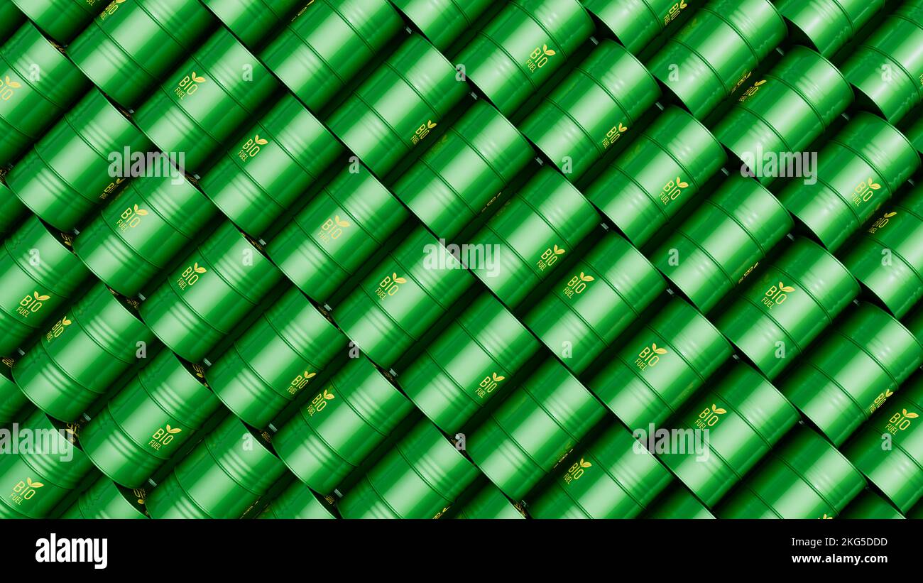 Many green biofuel barrels or biodiesel drums shot from top ...