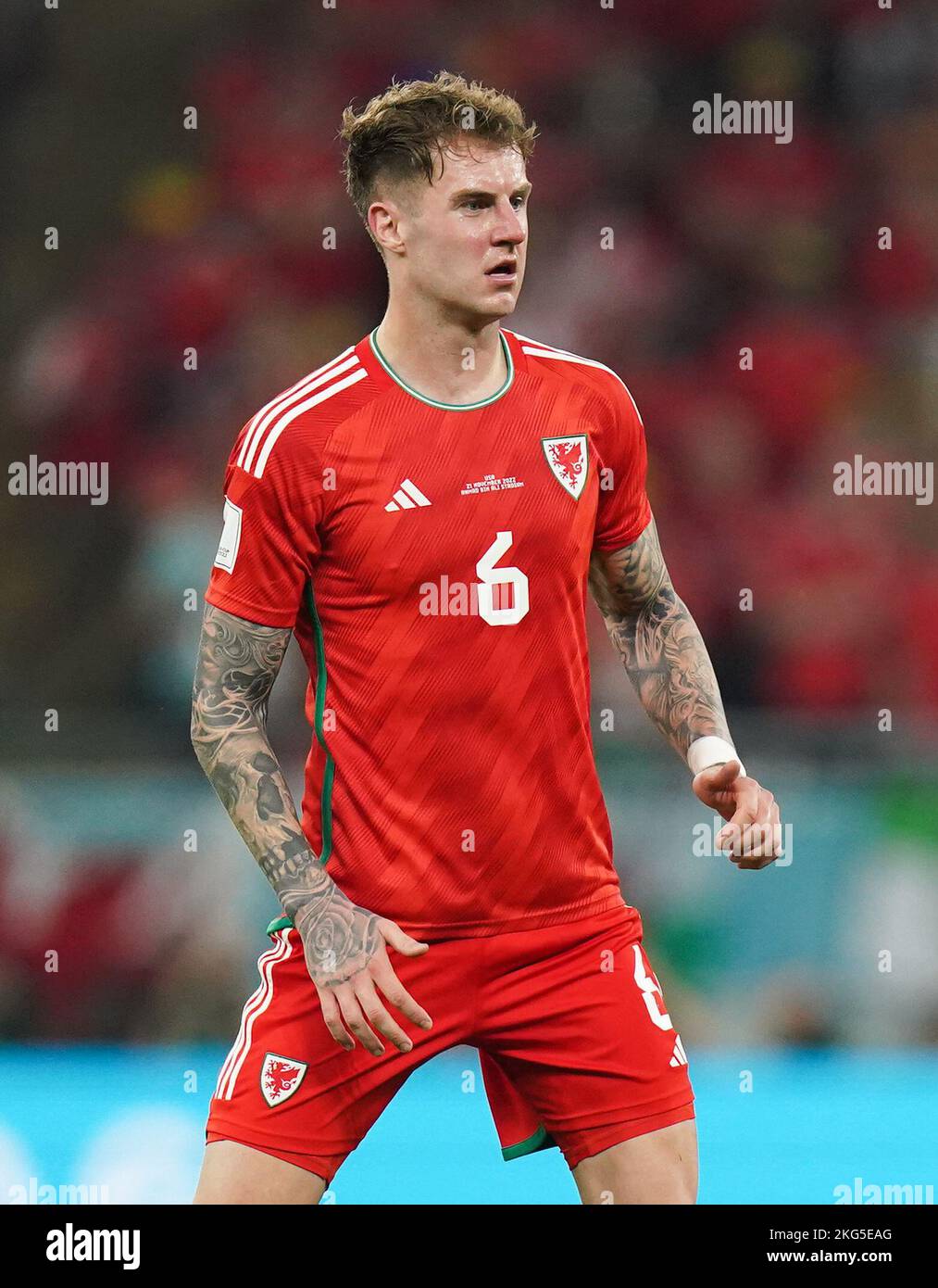 Wales’ Joe Rodon during the FIFA World Cup Group B match at the Ahmad ...