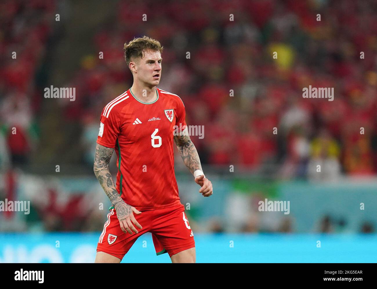 Wales’ Joe Rodon during the FIFA World Cup Group B match at the Ahmad ...