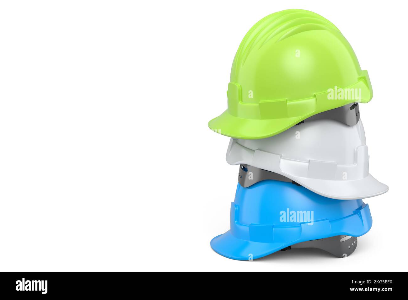 Stack of safety helmets or hard caps for carpentry work on white ...