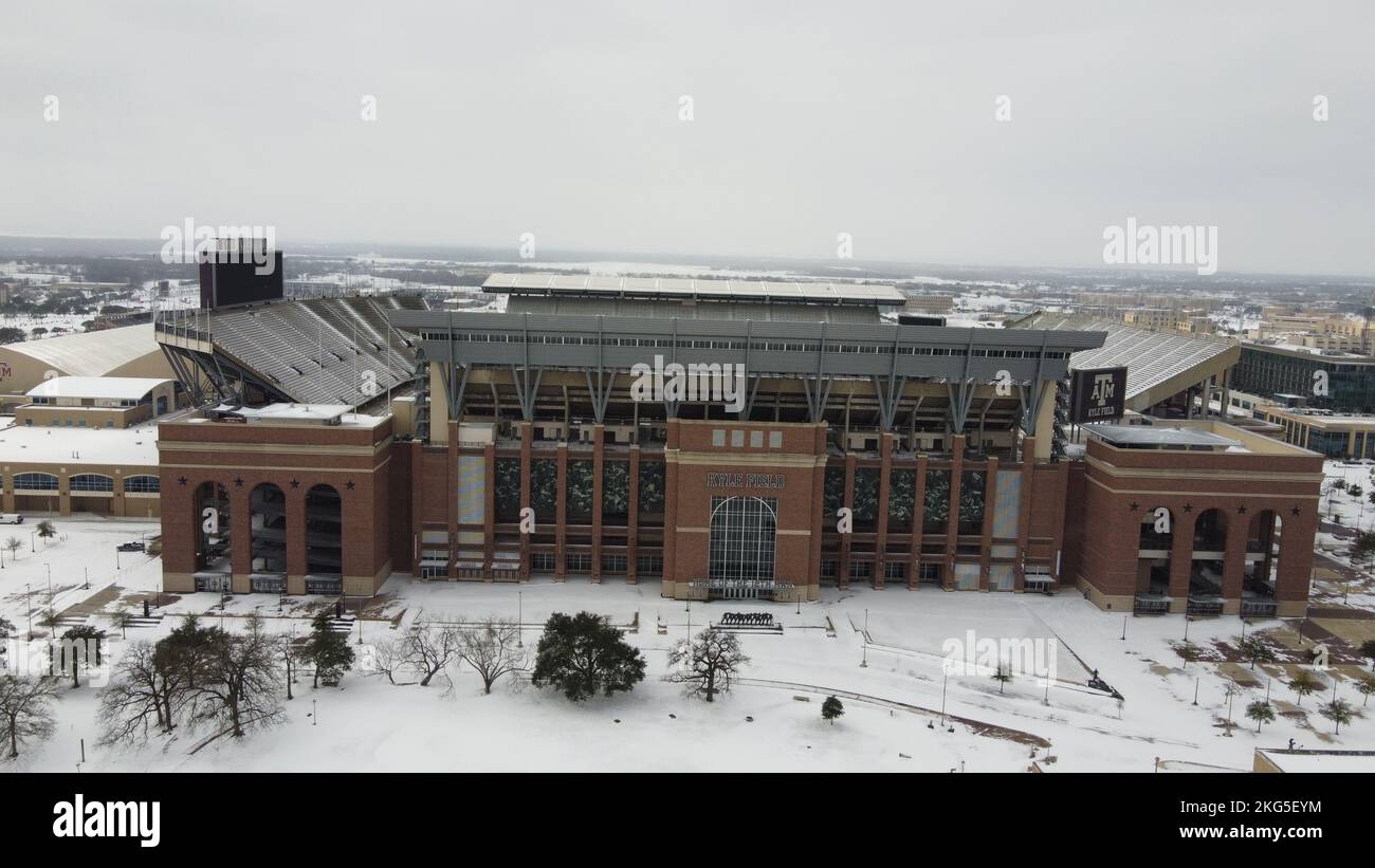 An aerial view of the Kyle Football Field covered in snow in College ...