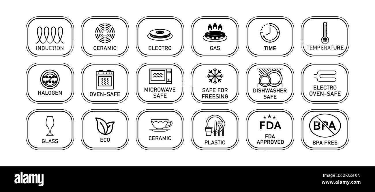 A large set of cookware labeling icons in an oval frame. Induction, gas ...