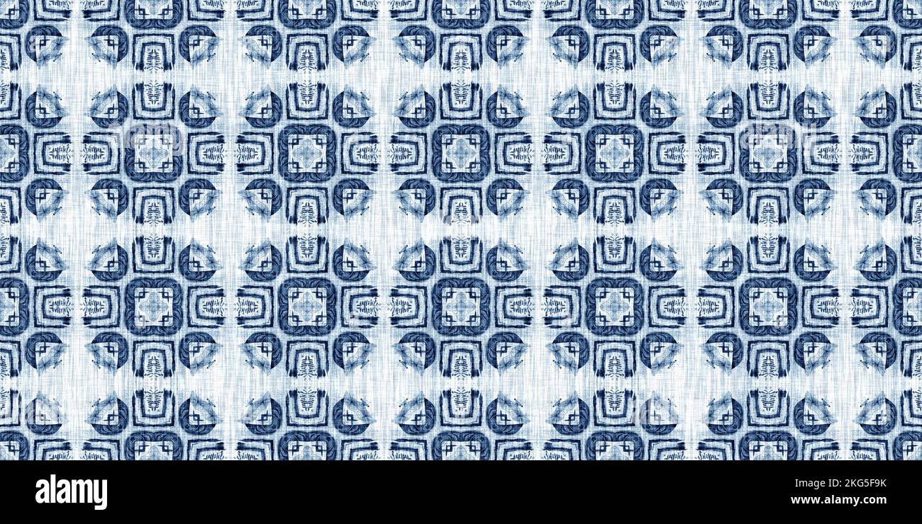 Indigo dye wash coastal damask seamless border pattern. Washed out ...
