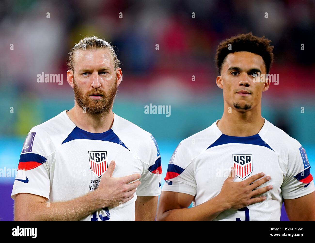 USA's Tim Ream (left) and Antonee Robinson during the national anthem ...