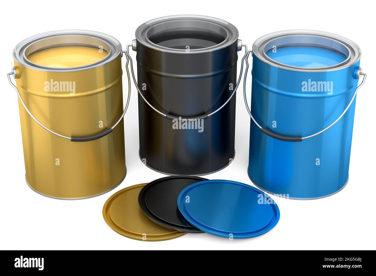 Set of open metal can or buckets of paint with handle on white ...