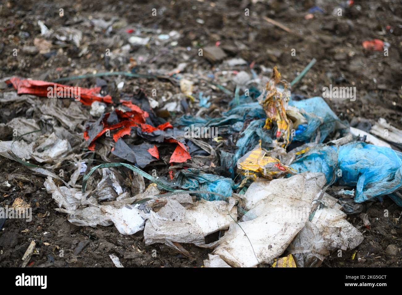 Garbage dump at waste processing site. Environment pollution concept ...
