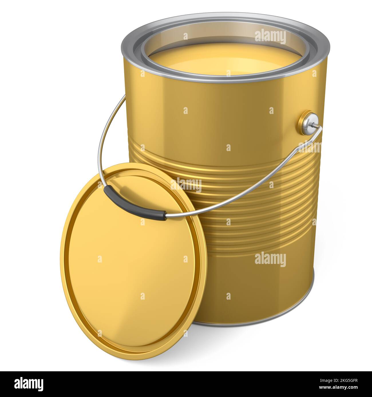 Open metal can or buckets of paint with handle on white background ...