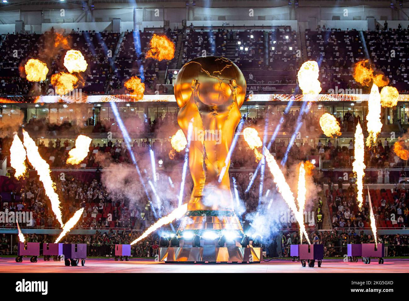 November 21, 2022, Doha, Qatar: A giant inflatable gold World Cup Trophy at the Ahmad Bin Ali ...