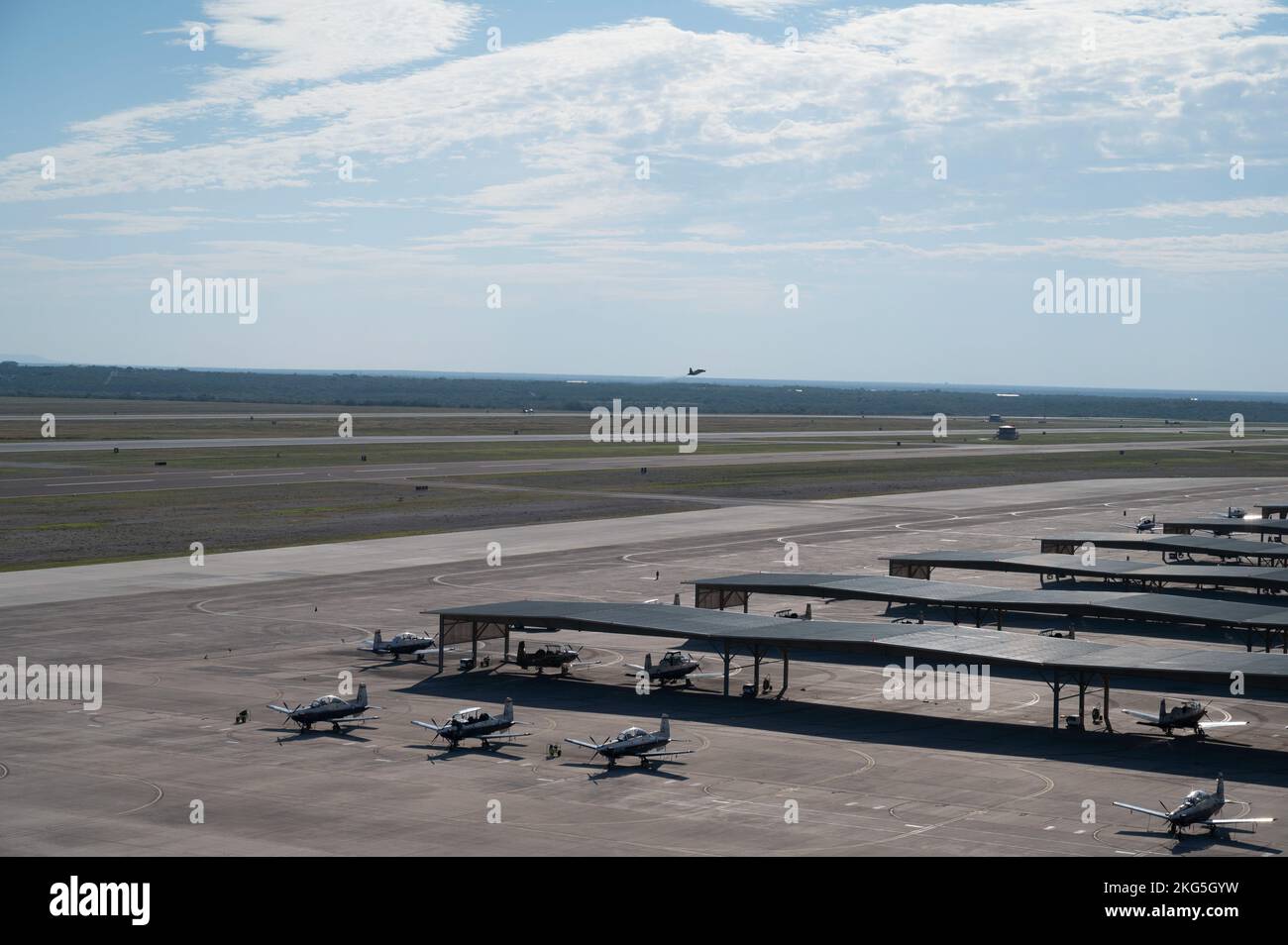 A T-38C Talon takes off from the flight line at Laughlin Air Force Base ...