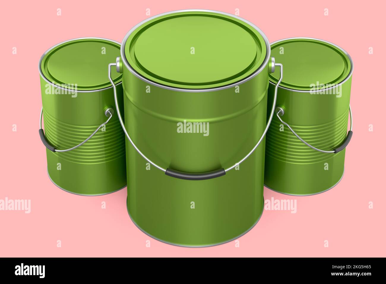Set of metal can or buckets of paint in row pattern on pink background ...